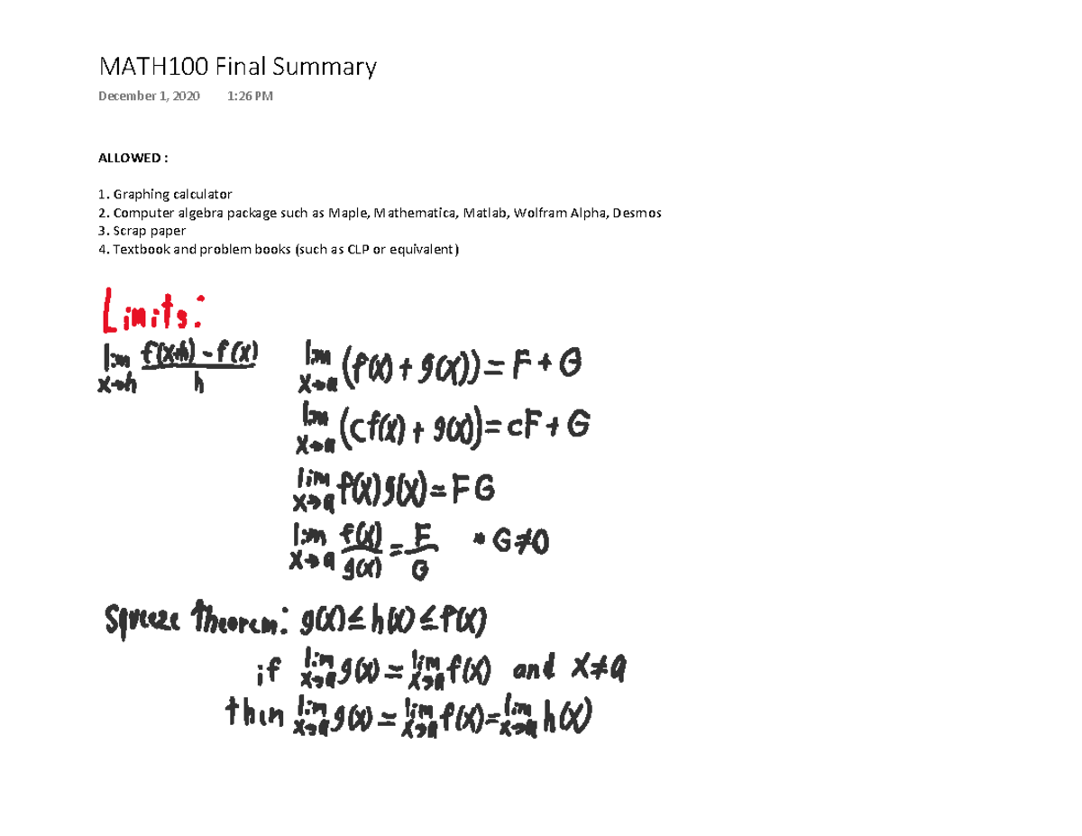 MATH100 Final Summary - MATH 100 - UBC - Studocu