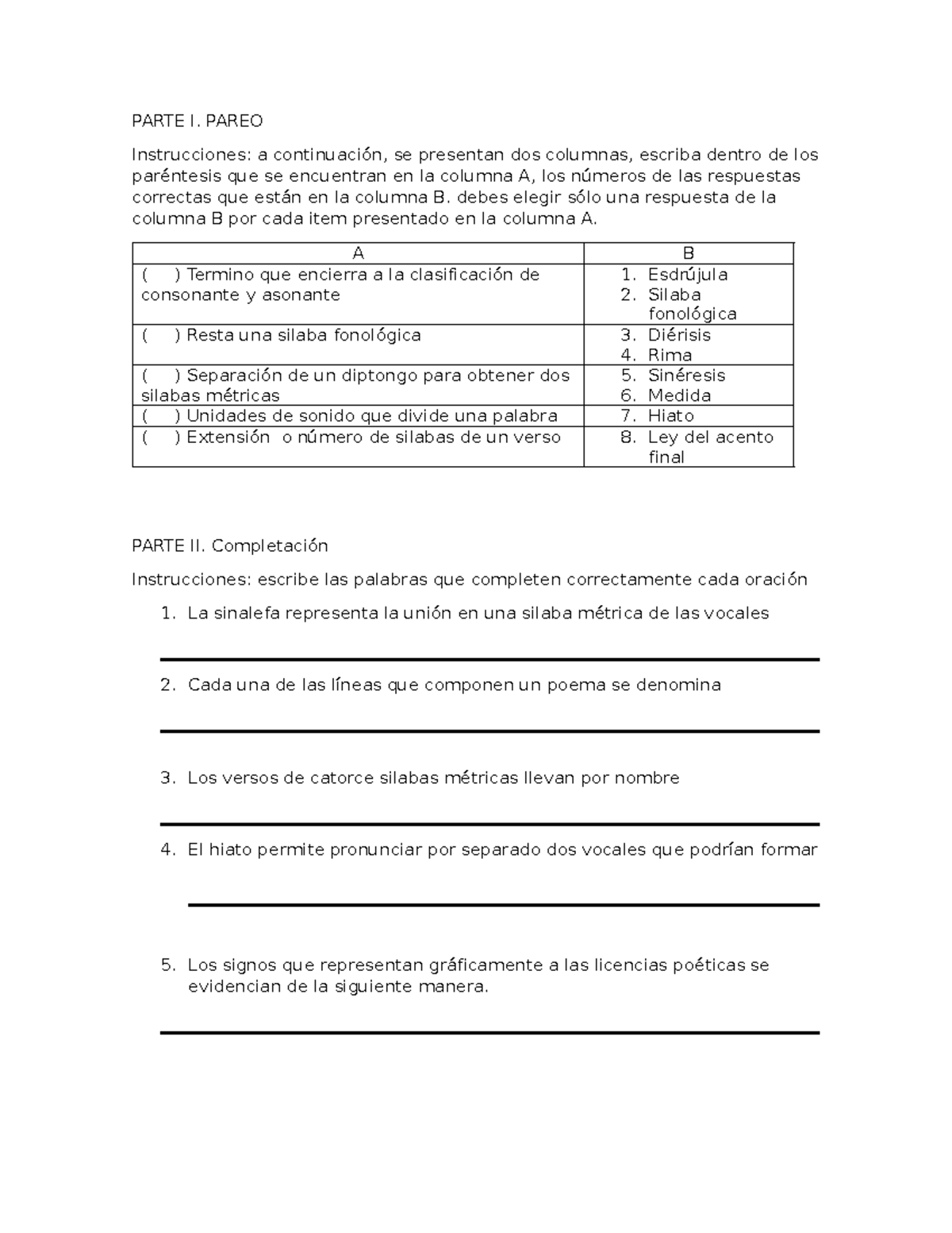 Examen Lengua Versos Estructurado - PARTE I. PAREO Instrucciones: a ...
