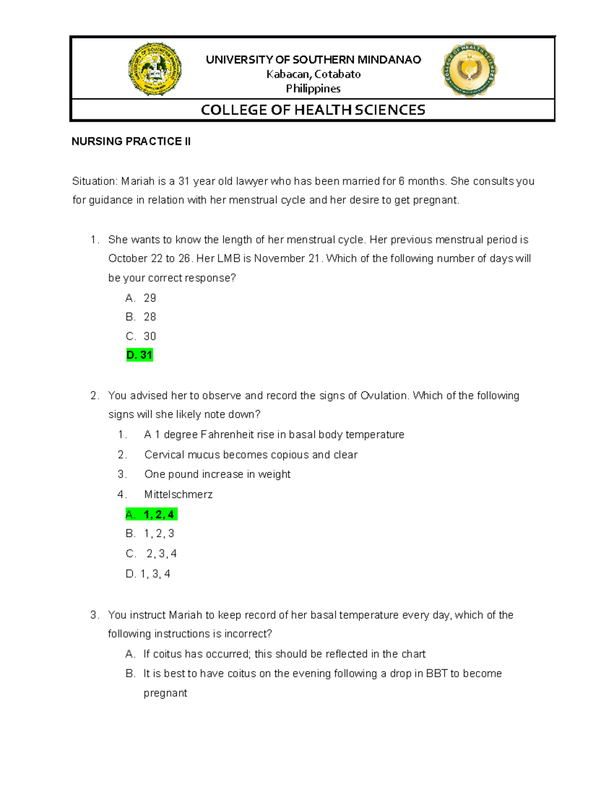 Nursing Practice II - UNIVERSITY OF SOUTHERN MINDANAO Kabacan, Cotabato ...