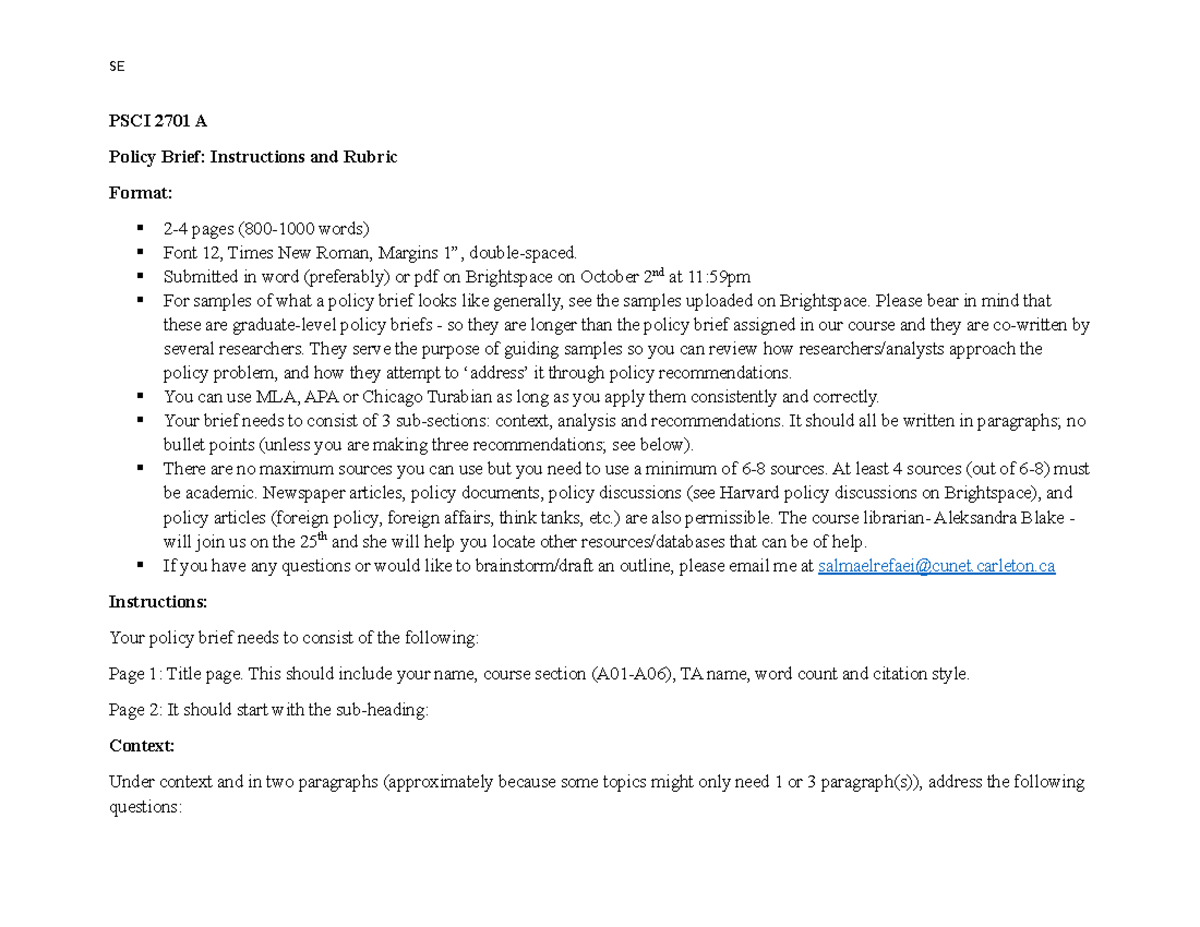 Policy Brief Rubric - PSCI 2701 A Policy Brief: Instructions and Rubric ...