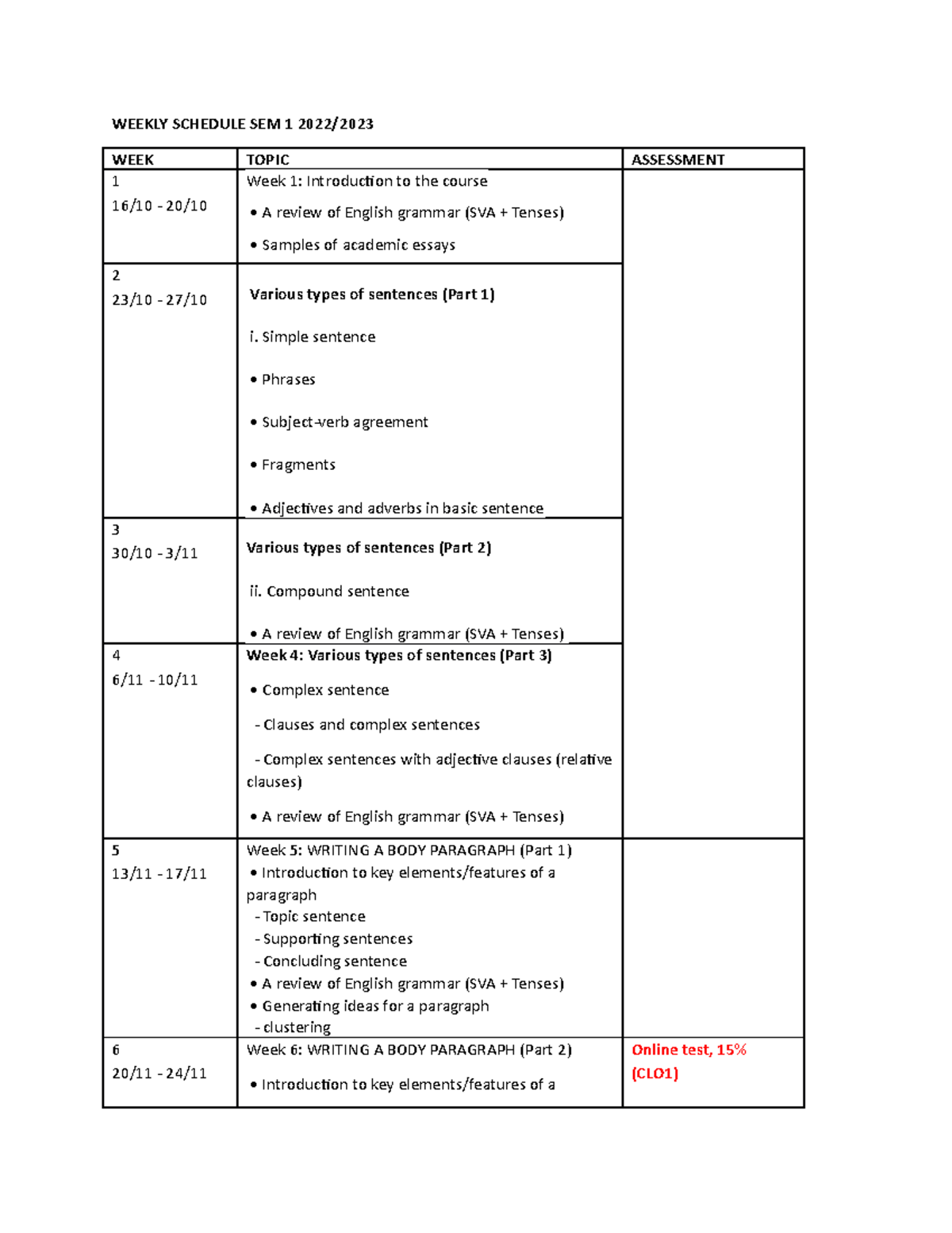 AWS Weekly Schedule SEM12022-2023 - WEEKLY SCHEDULE SEM 1 2022/ WEEK ...