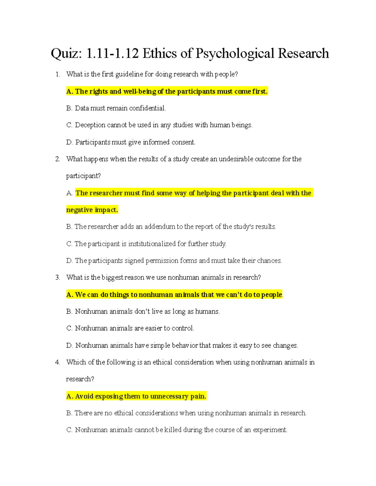 Quiz- 1.11-1.12 Ethics of Psychological Research - Quiz: 1.11-1 Ethics ...