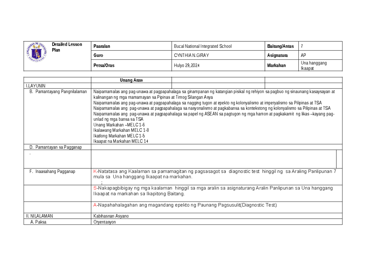 Dlp- Diagnostic TEST.docx 20224 - Detailed Lesson Plan Paaralan Bucal ...