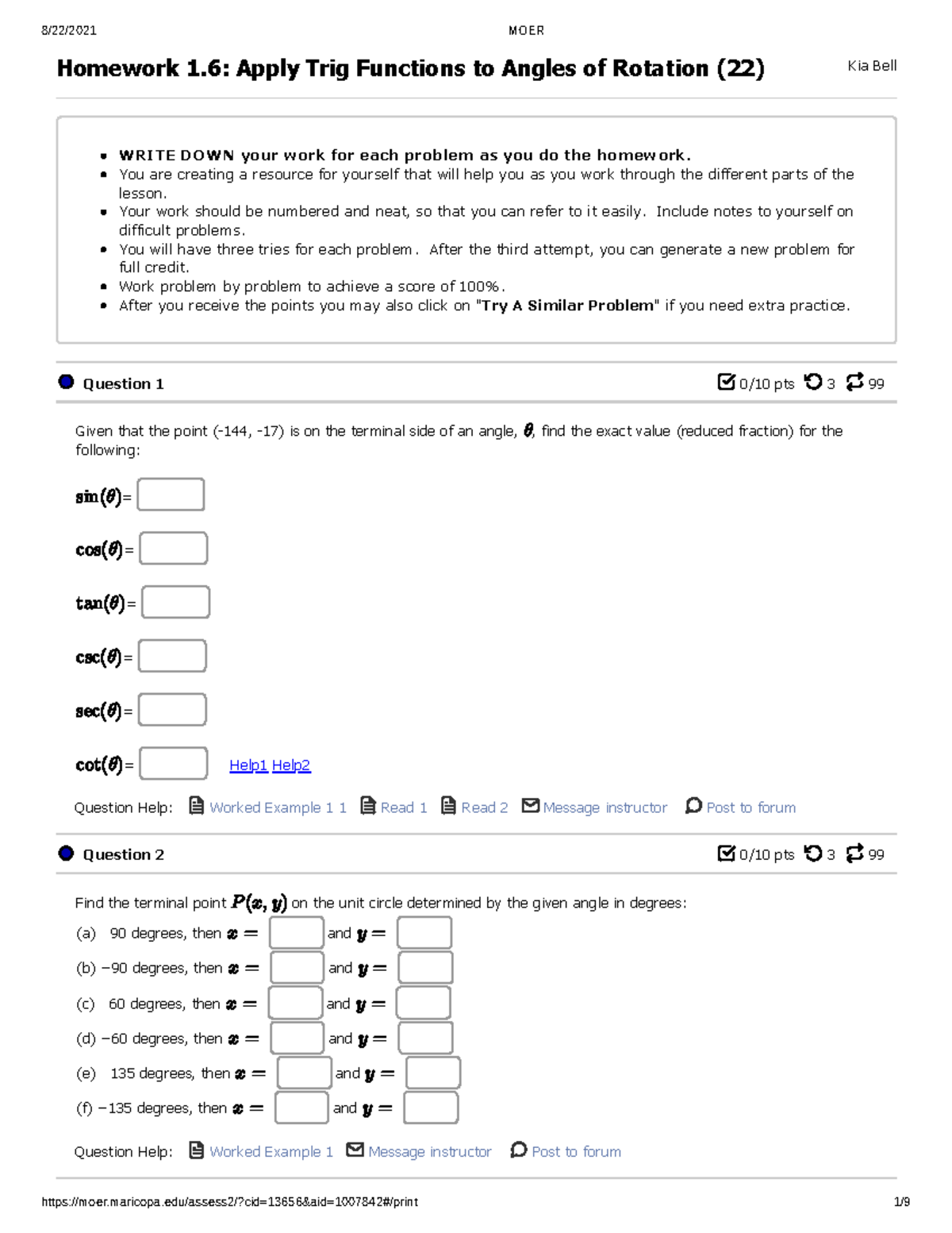 Homework 1.6 - Help - Homework 1: Apply Trig Functions to Angles of ...