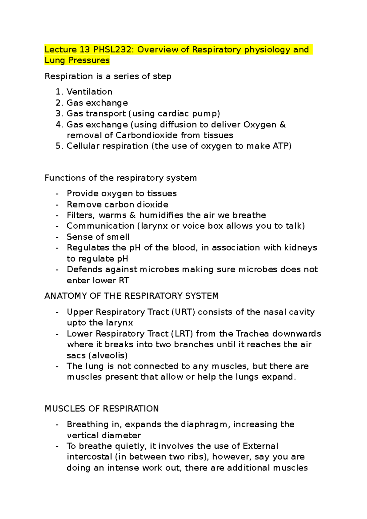 Respiratory Module FOR PHSL323 - Lecture 13 PHSL232: Overview of ...