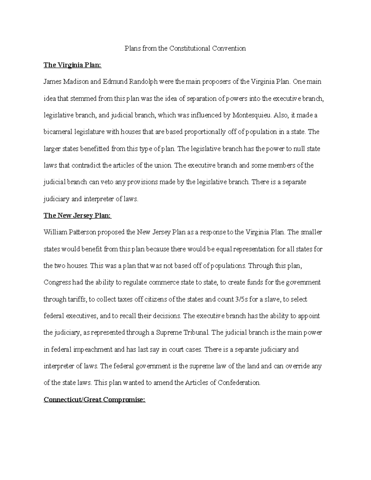 Plans from the Constitutional Convention - One main idea that stemmed ...
