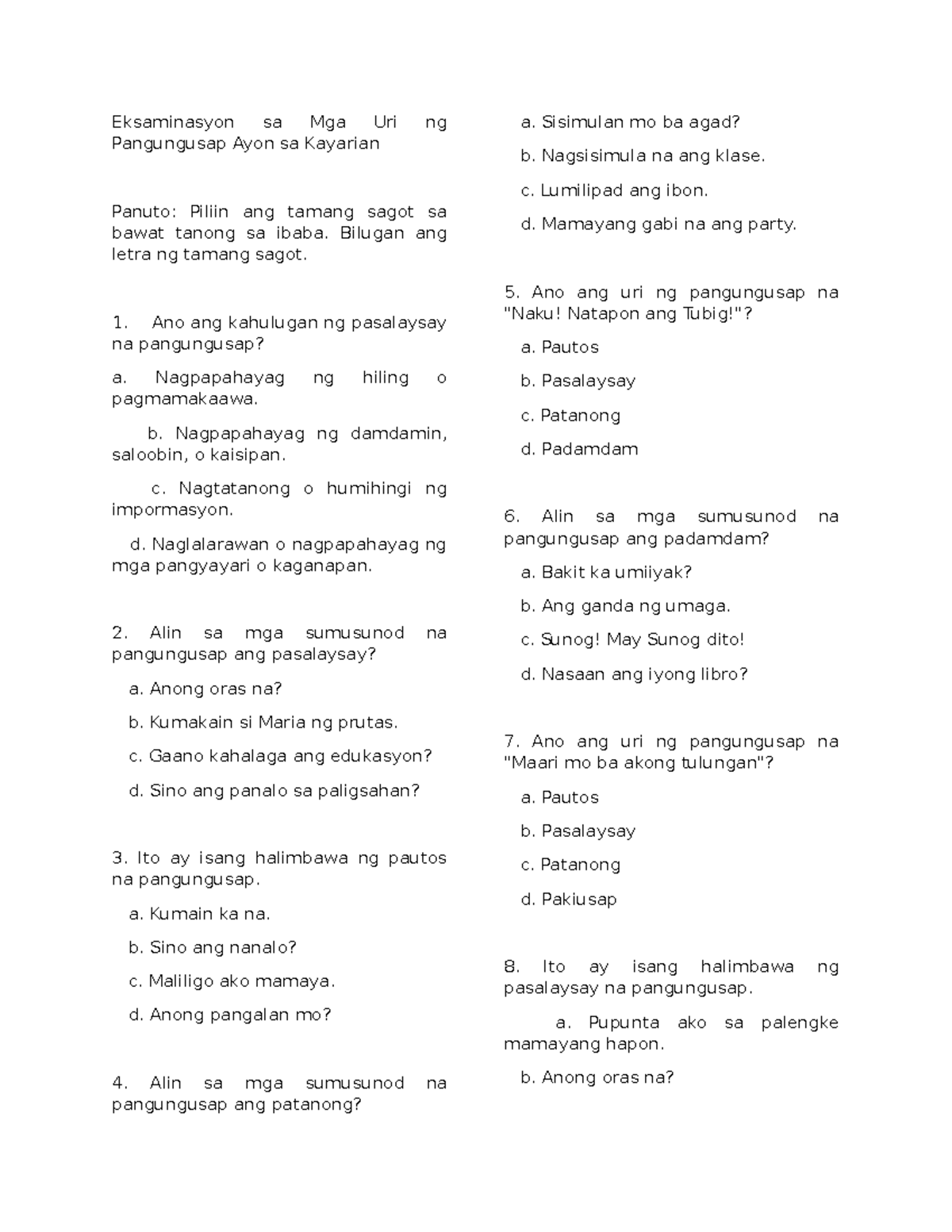 Filipino EXAM - Eksaminasyon sa Mga Uri ng Pangungusap Ayon sa Kayarian ...