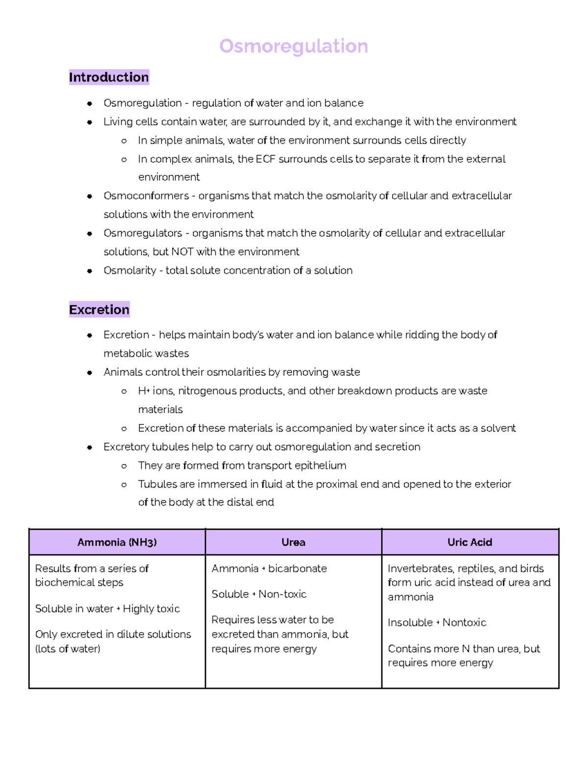 Osmoregulation - notes - Osmoregulation Introduction Osmoregulation ...