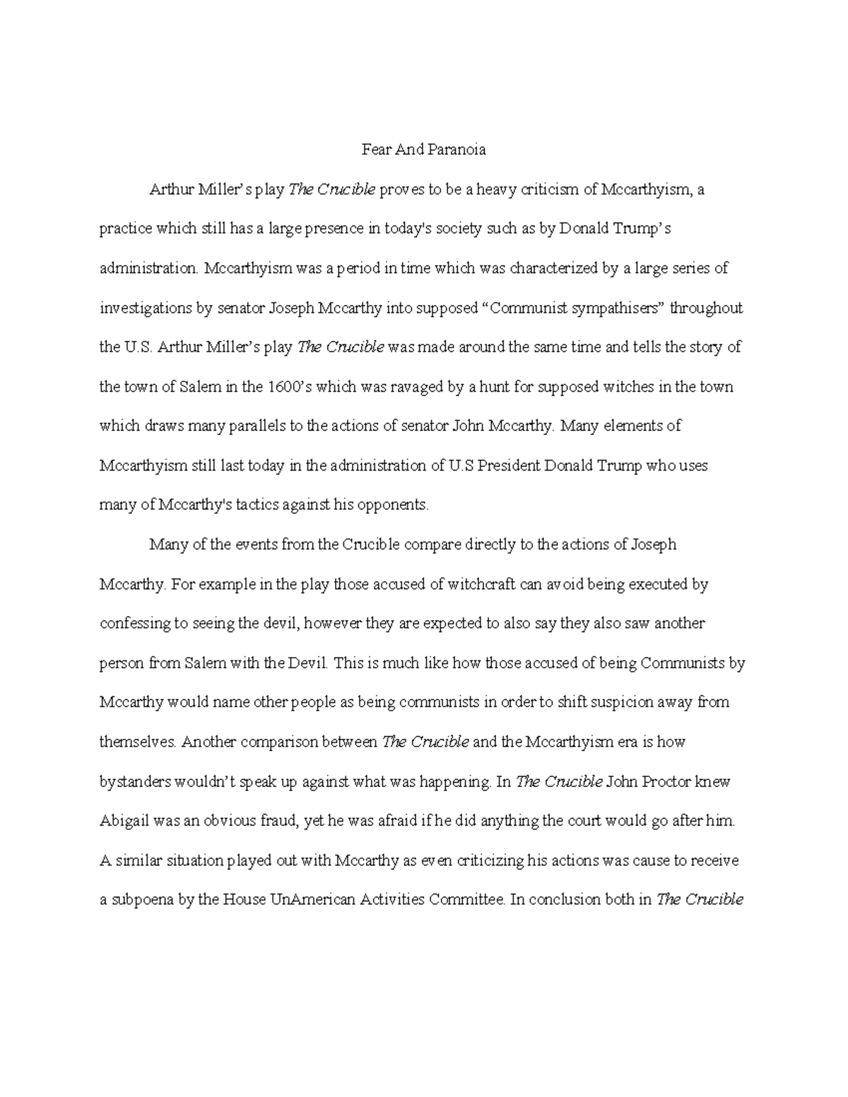 Crucible Paper - Grade: 100% - Fear And Paranoia Arthur Miller’s play ...