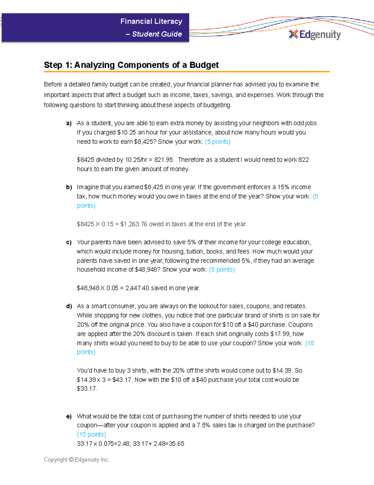 Financial Literacy Student Guide: Budget Analysis and Monthly Expenses ...