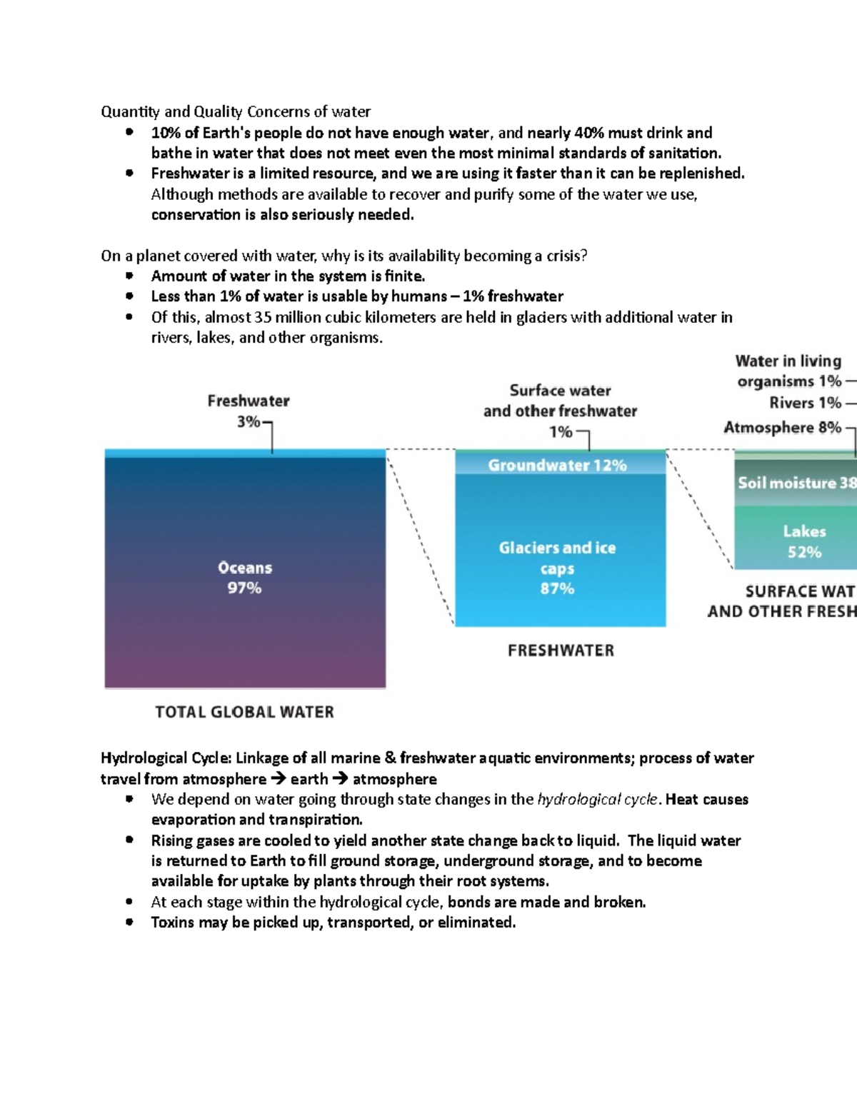 Exam 2 Review - Quantity and Quality Concerns of water 10% of Earth's ...