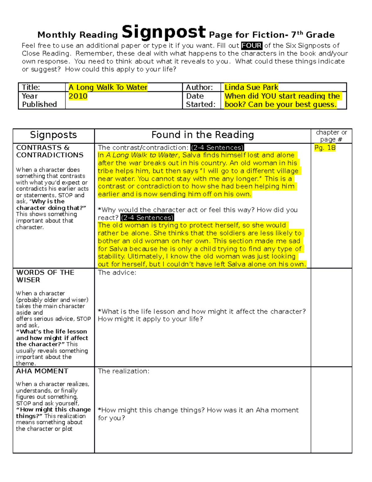 7th Grade Signpost example - Monthly Reading Signpost Page for Fiction ...