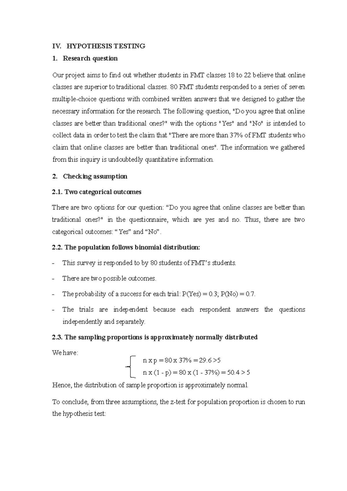 Hypothesis- Testing - good - IV. HYPOTHESIS TESTING Research question ...
