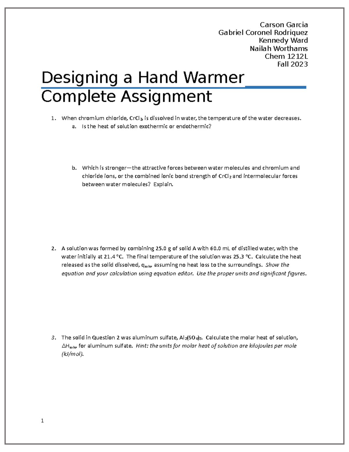 Expt 2 Worksheet Designing a Hand Warmer (1) - Gabriel Coronel ...
