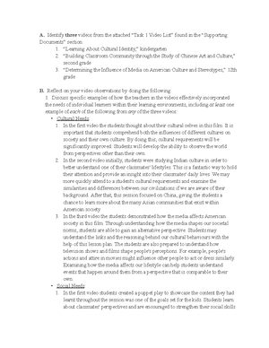 D168 Task 1 - Task Passed - A. Identify three videos from the attached ...