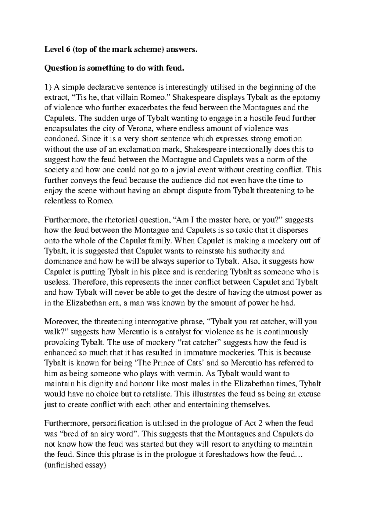 Lit R&J Sample Essays - Level 6 (top of the mark scheme) answers ...