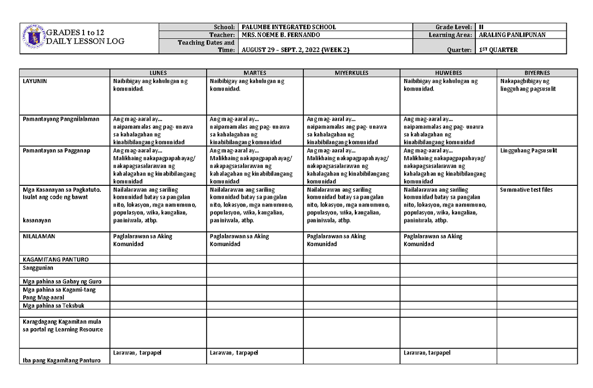 DLL Araling Panlipunan 2 Q1 W2 - GRADES 1 to 12 DAILY LESSON LOG School: PALUMBE INTEGRATED ...