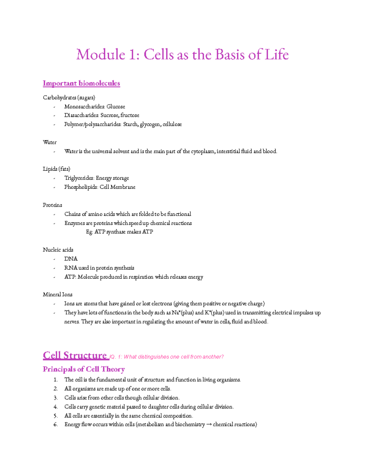 Bio 1 - mod 1 - Module 1: Cells as the Basis of Life Important ...