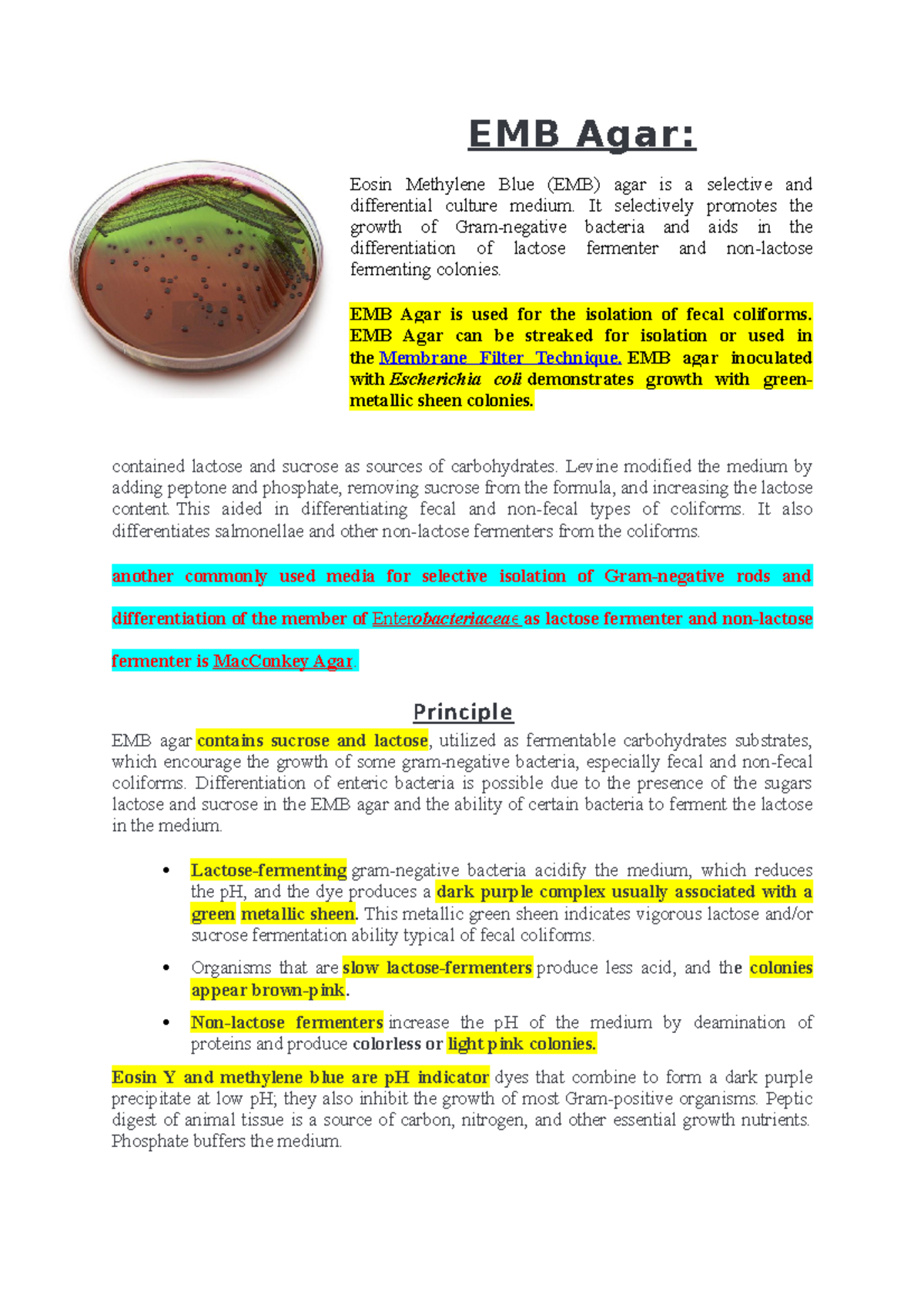 Medium cultures - work - EMB Agar: Eosin Methylene Blue (EMB) agar is a ...