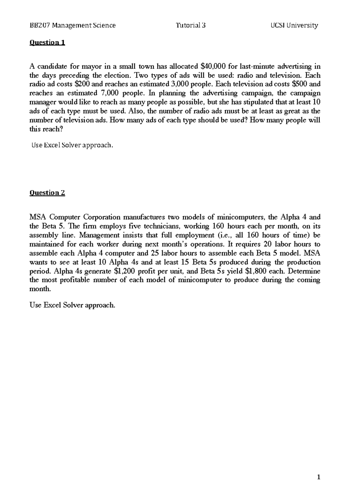 Tutorial 3 BB207 - BB207 Management Science Tutorial 3 UCSI University ...
