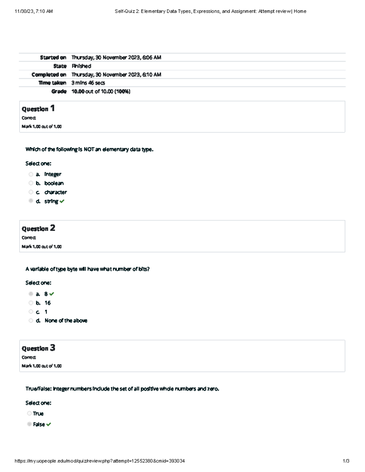 Self-Quiz 2 Elementary Data Types, Expressions, and Assignment Attempt review Home - - Studocu