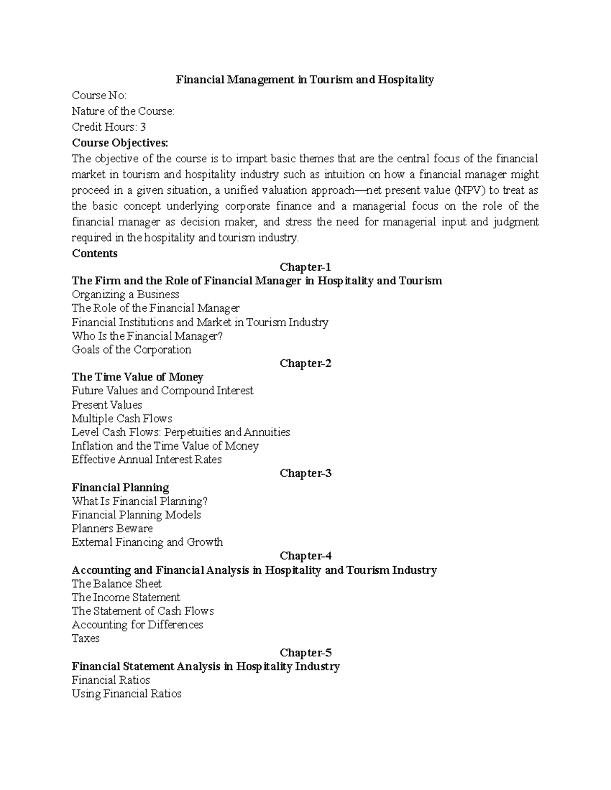 Financial Management in Tourism and Hospitality - Contents Chapter- The ...