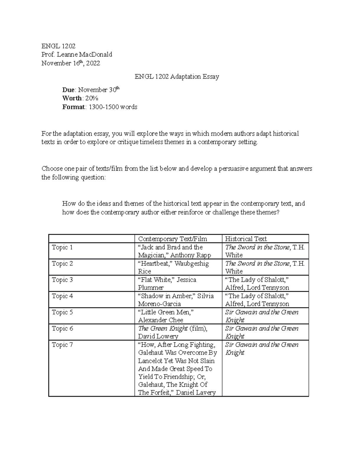 F22 ENGL 1202 Adaptation Assignment Sheet - ENGL 1202 Prof. Leanne ...
