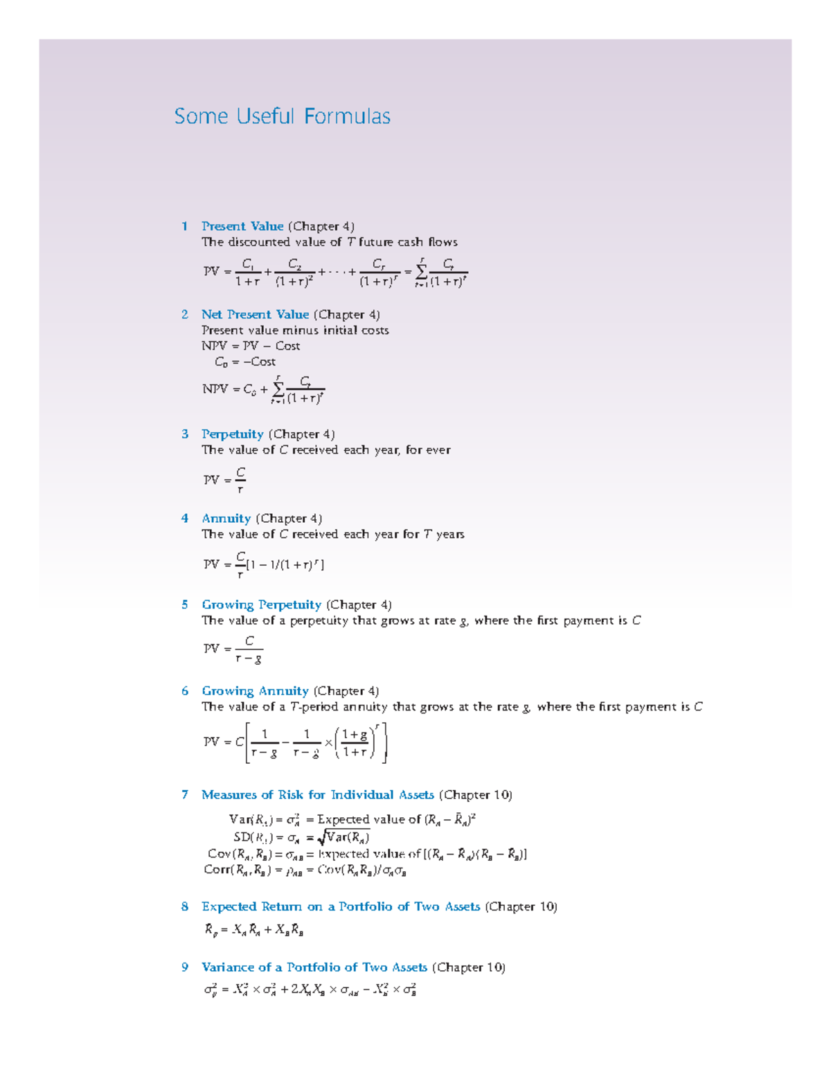 Formler Finans - Some Useful Formulas 1 Present Value (Chapter 4) The ...
