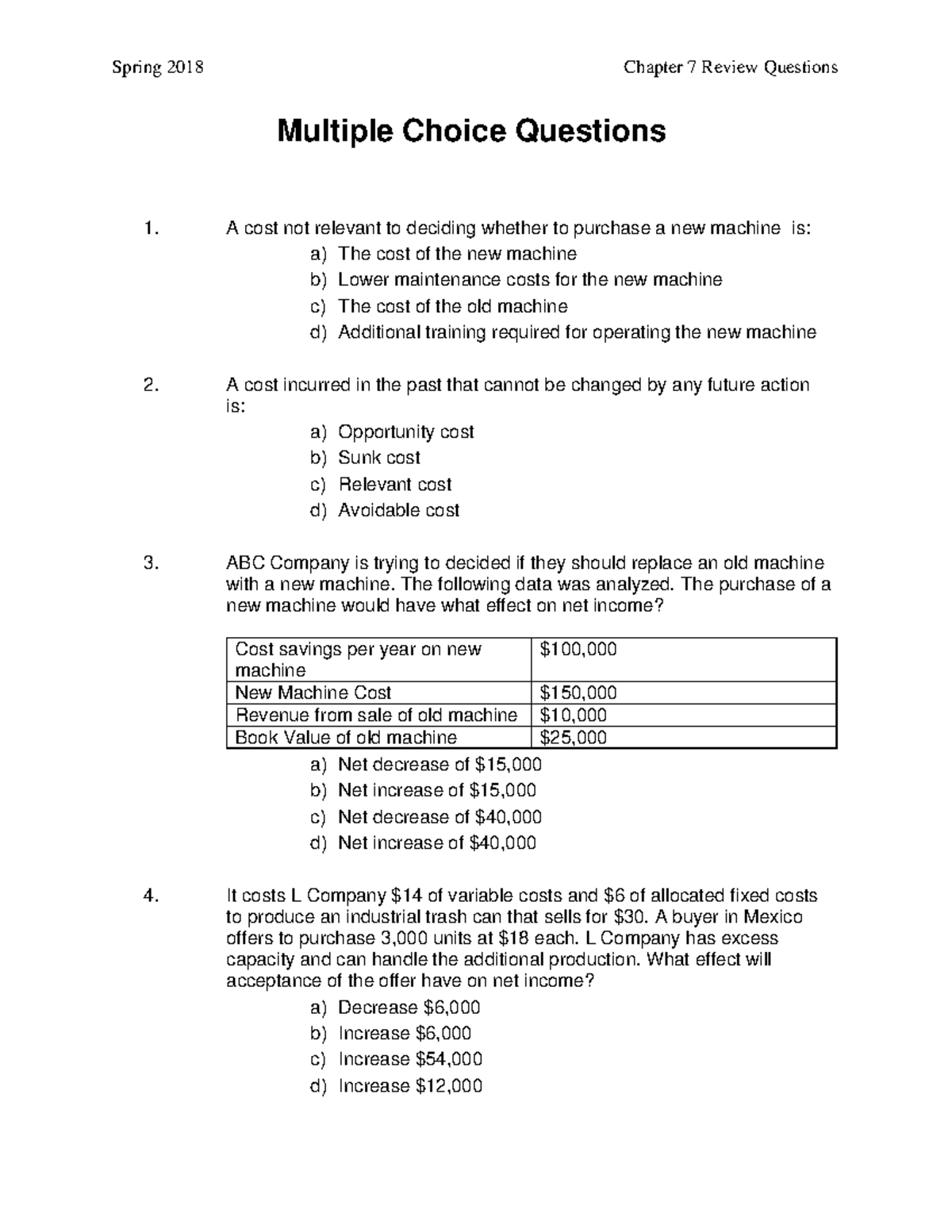 Chapter 7 Questions - 102 - Multiple Choice Questions A cost not ...