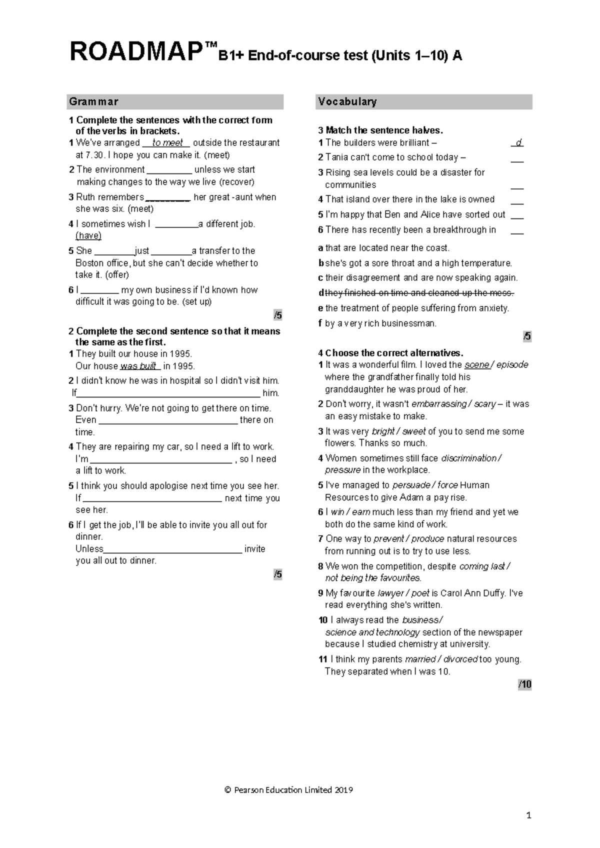 Road Map B1+ End-course test grupa A extramural - ROADMAP ™ B1+ End-of ...