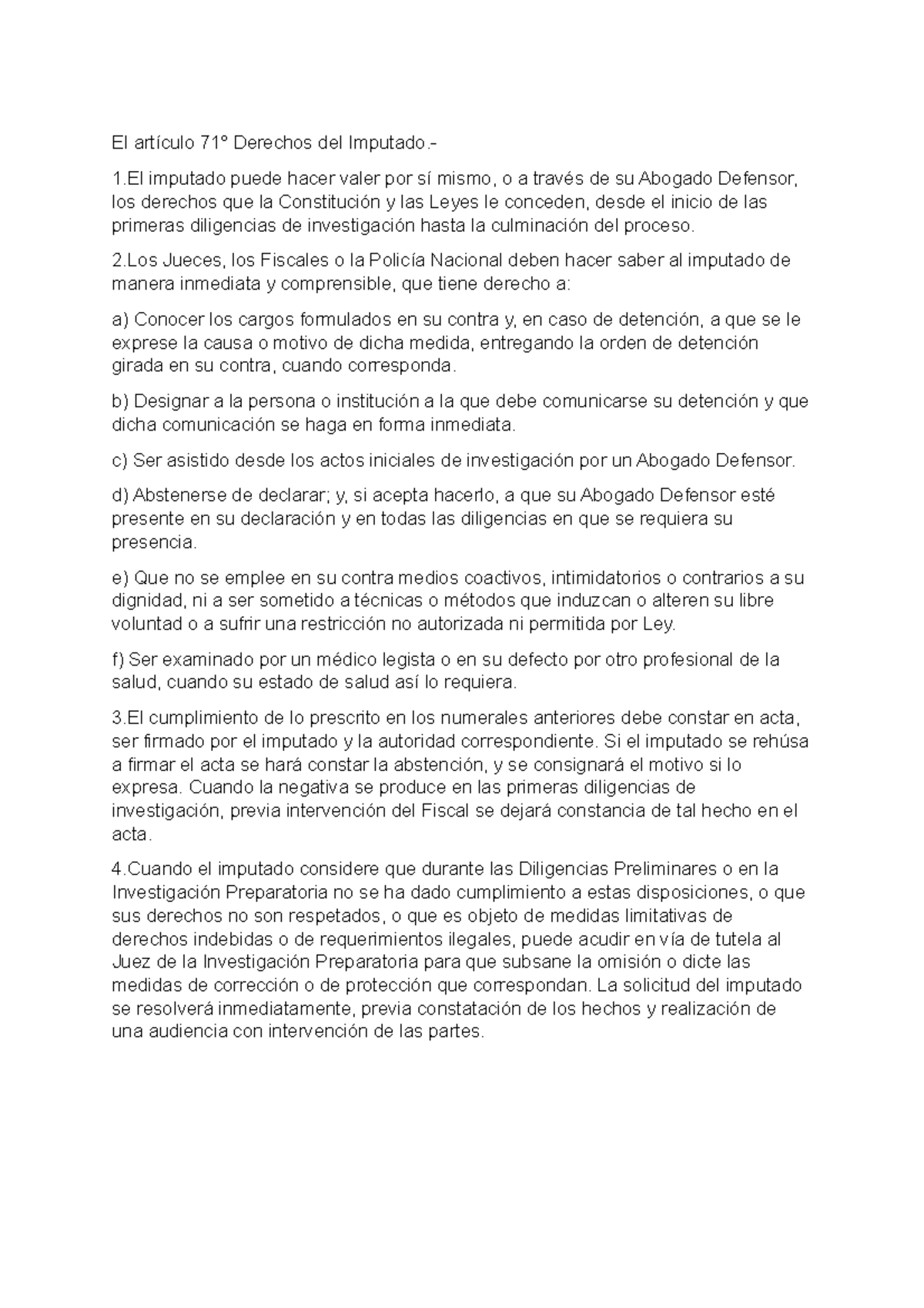 Artículo 71 - PARA DEDUCCION - El artículo 71° Derechos del Imputado ...