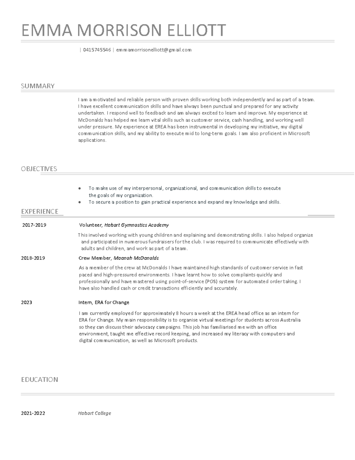 Resume Emma Elliott - EMMA MORRISON ELLIOTT | 0415745546 ...