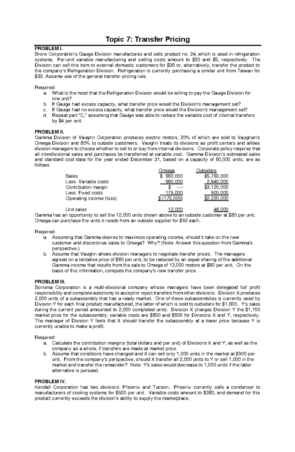 Topic 7 Transfer Pricing CE - Topic 7 : Transfer Pricing PROBLEM I ...