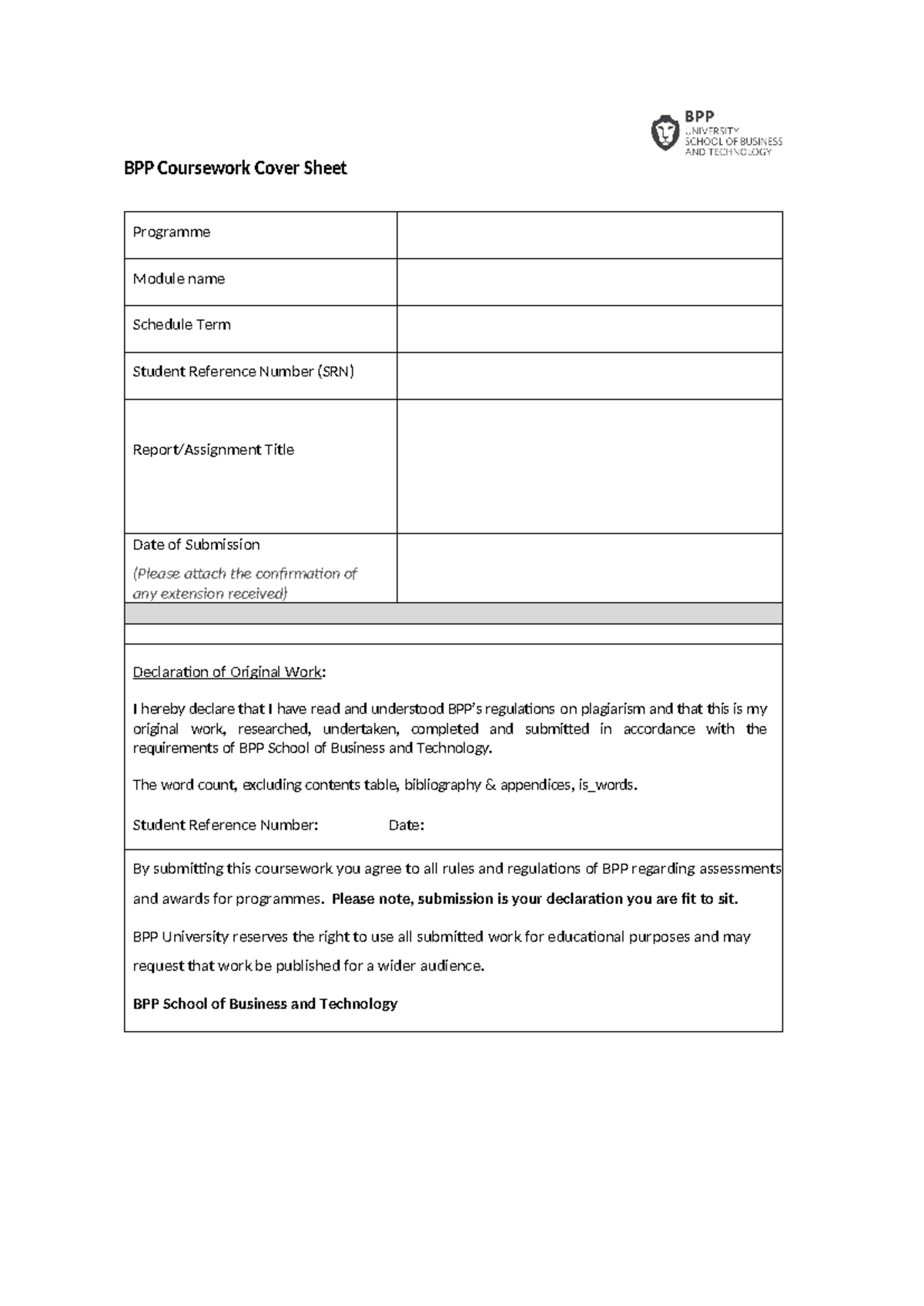 BPP Coursework Cover Sheet - BPP Coursework Cover Sheet Programme Module name Schedule Term ...