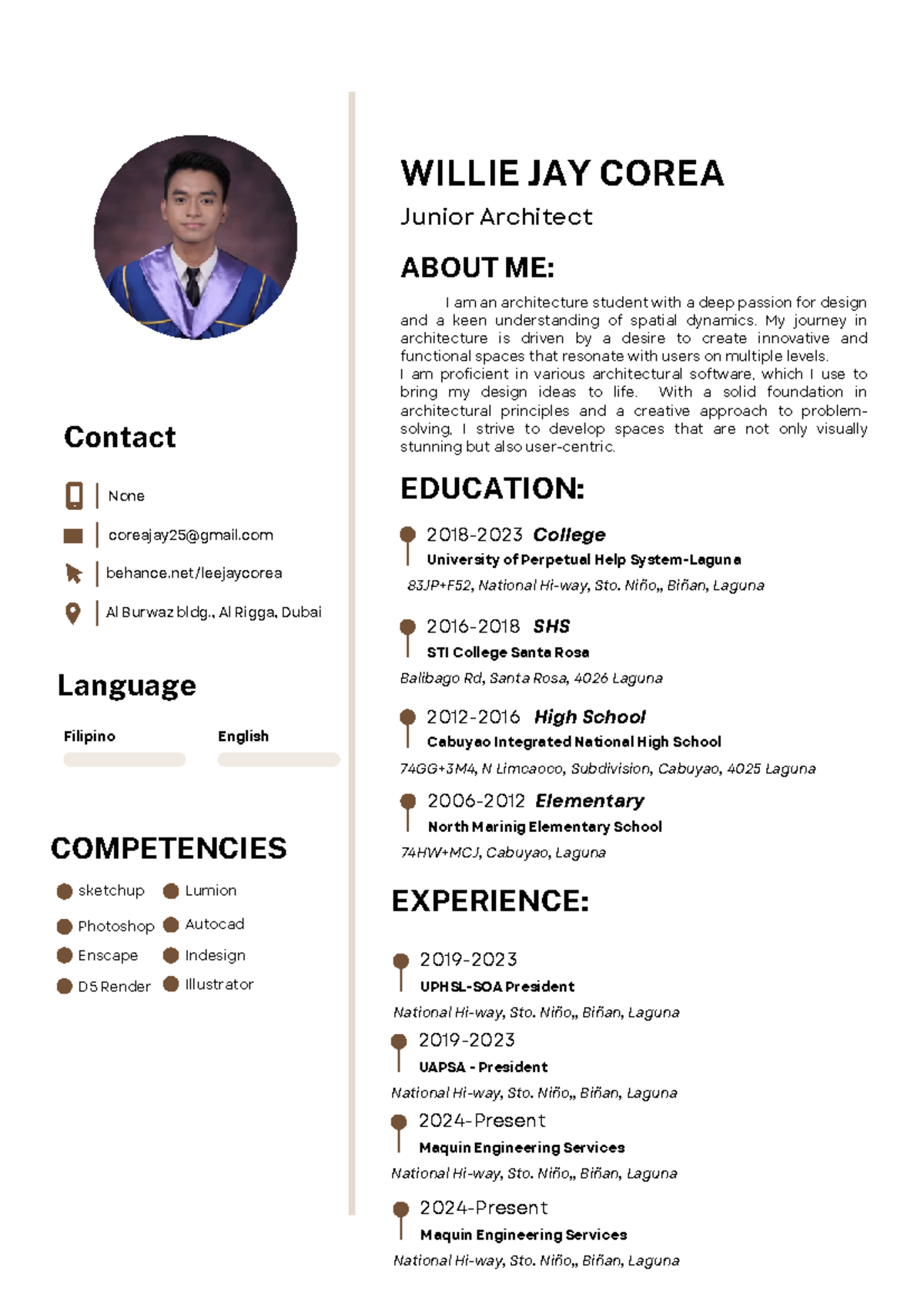 Minimalist CV Resume - WILLIE JAY COREA Junior Architect EDUCATION: Language 83JP+F52, National ...