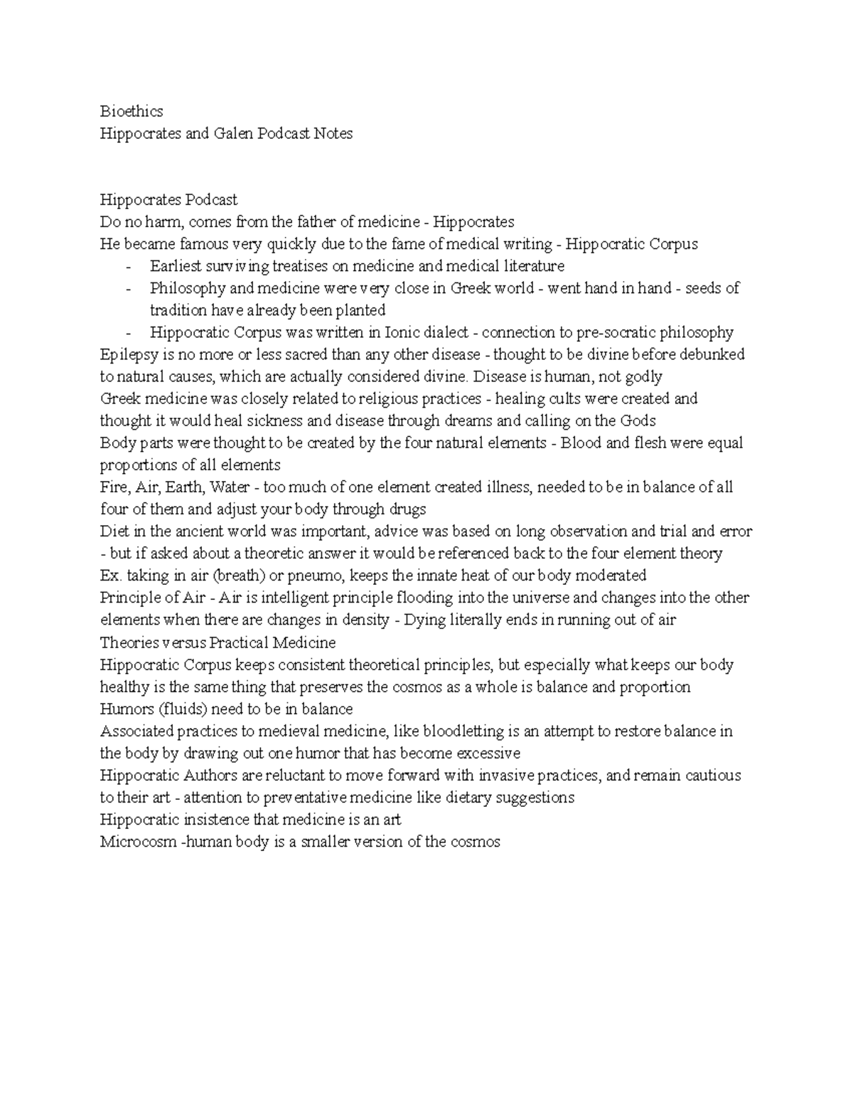 Bioethics Notes Hippocrates and Galen - Bioethics Hippocrates and Galen ...