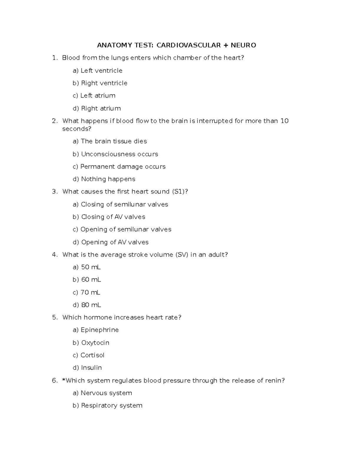 Anatomy TEST 1 Practice - ANATOMY TEST: CARDIOVASCULAR + NEURO Blood ...