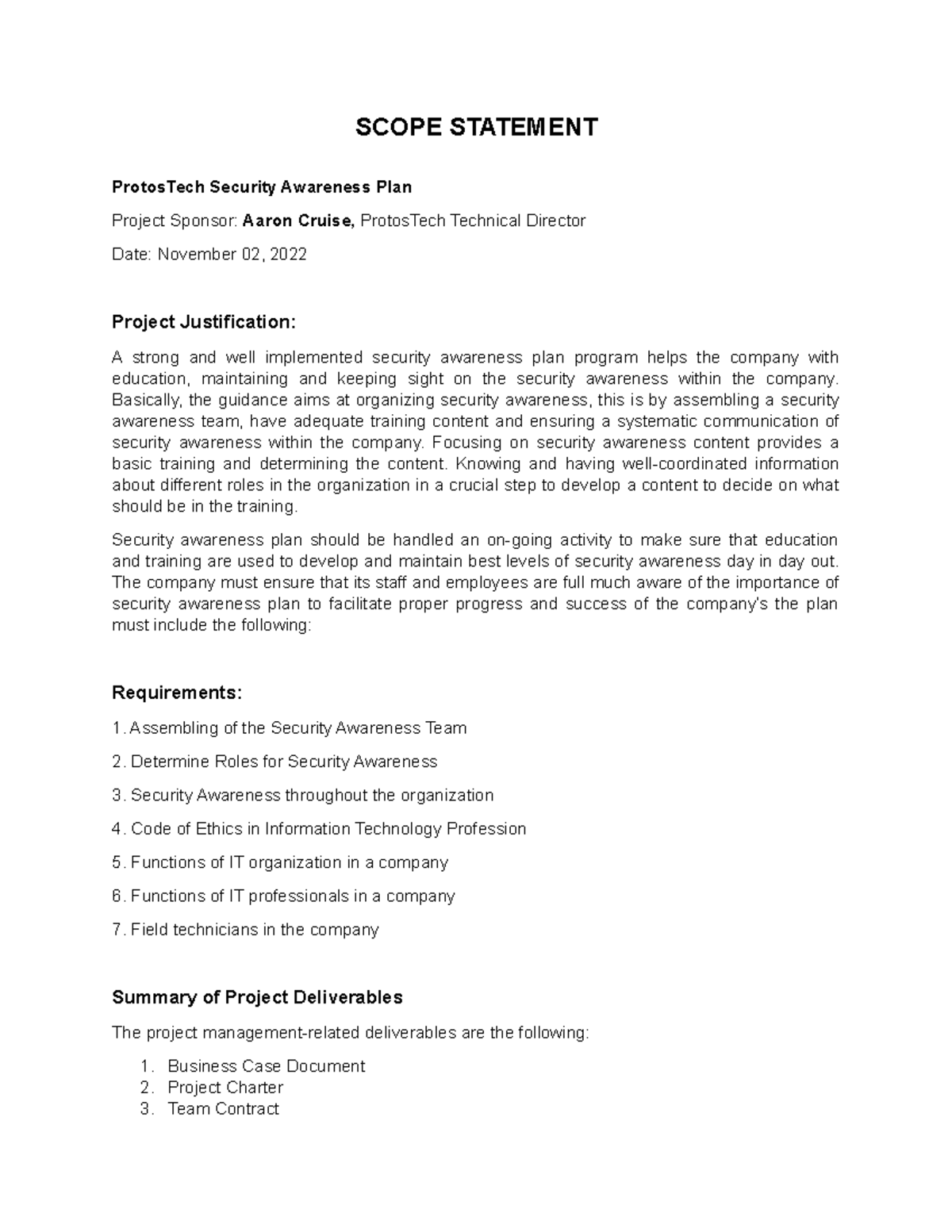 2 - Scope Statement - SCOPE STATEMENT ProtosTech Security Awareness ...