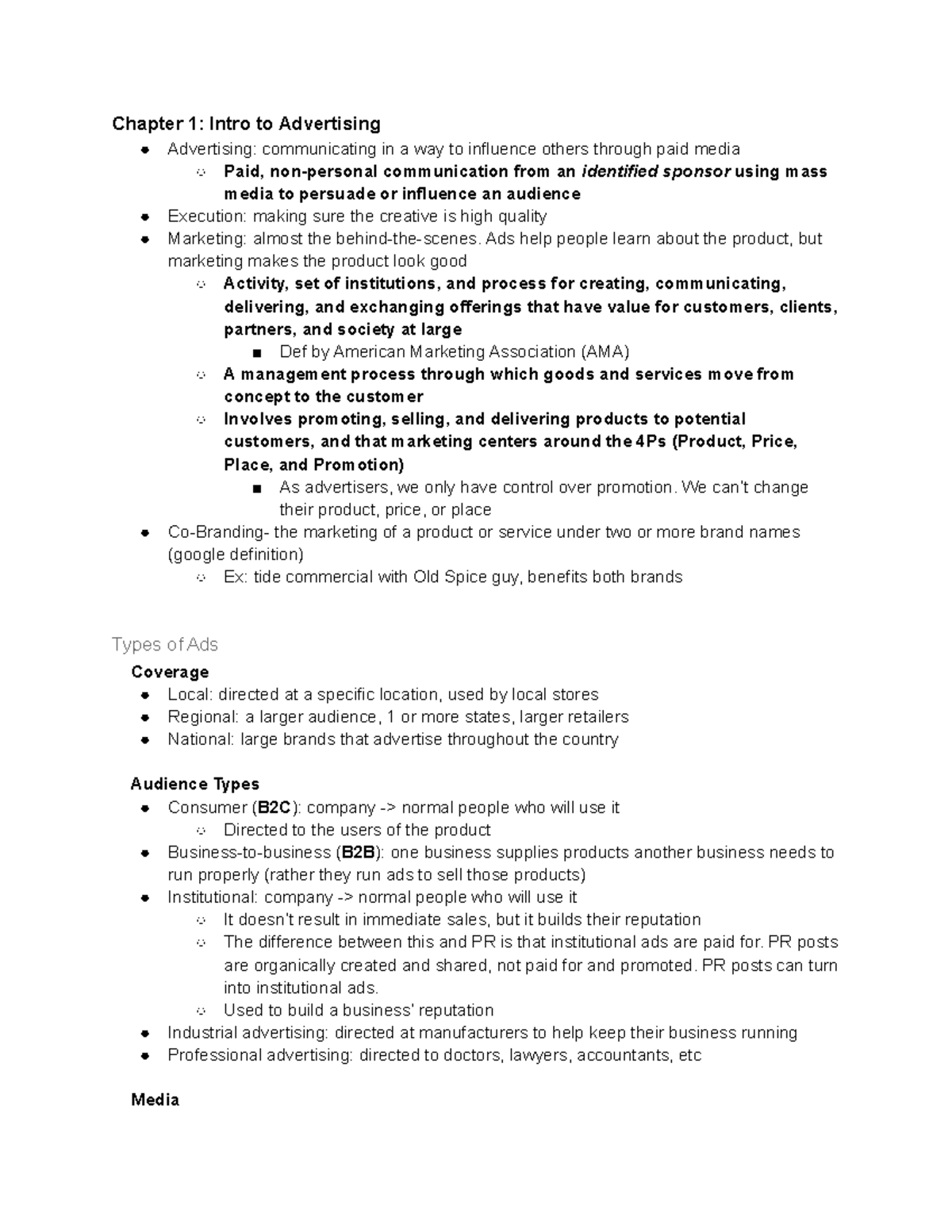 Advertising CH 1-6 - Notes from the first half of class - Chapter 1 ...