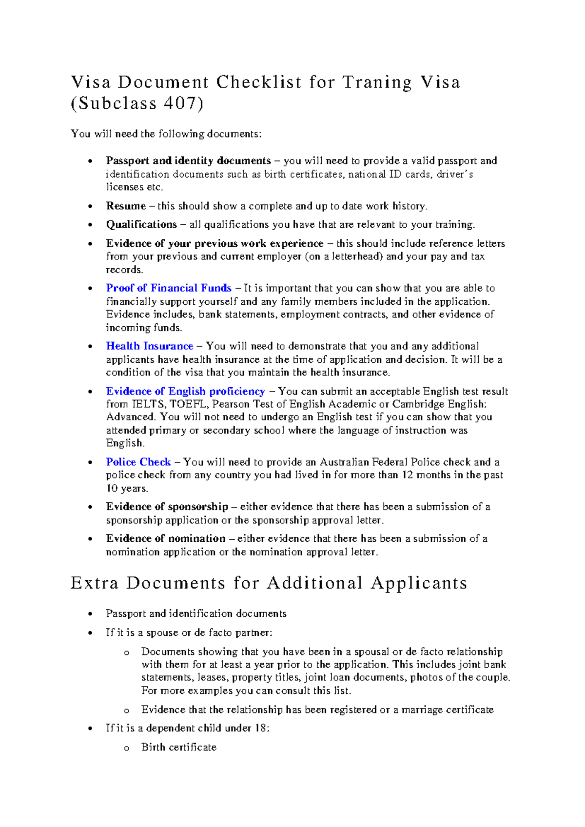 Visa Document Checklist for Traning Visa - Visa Document Checklist for ...
