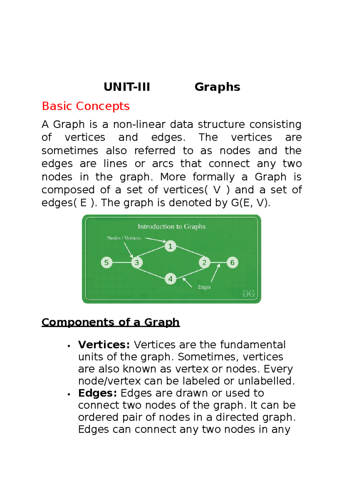 UNIT-III Graph - UNIT-III Graphs Basic Concepts A Graph is a non-linear data structure ...