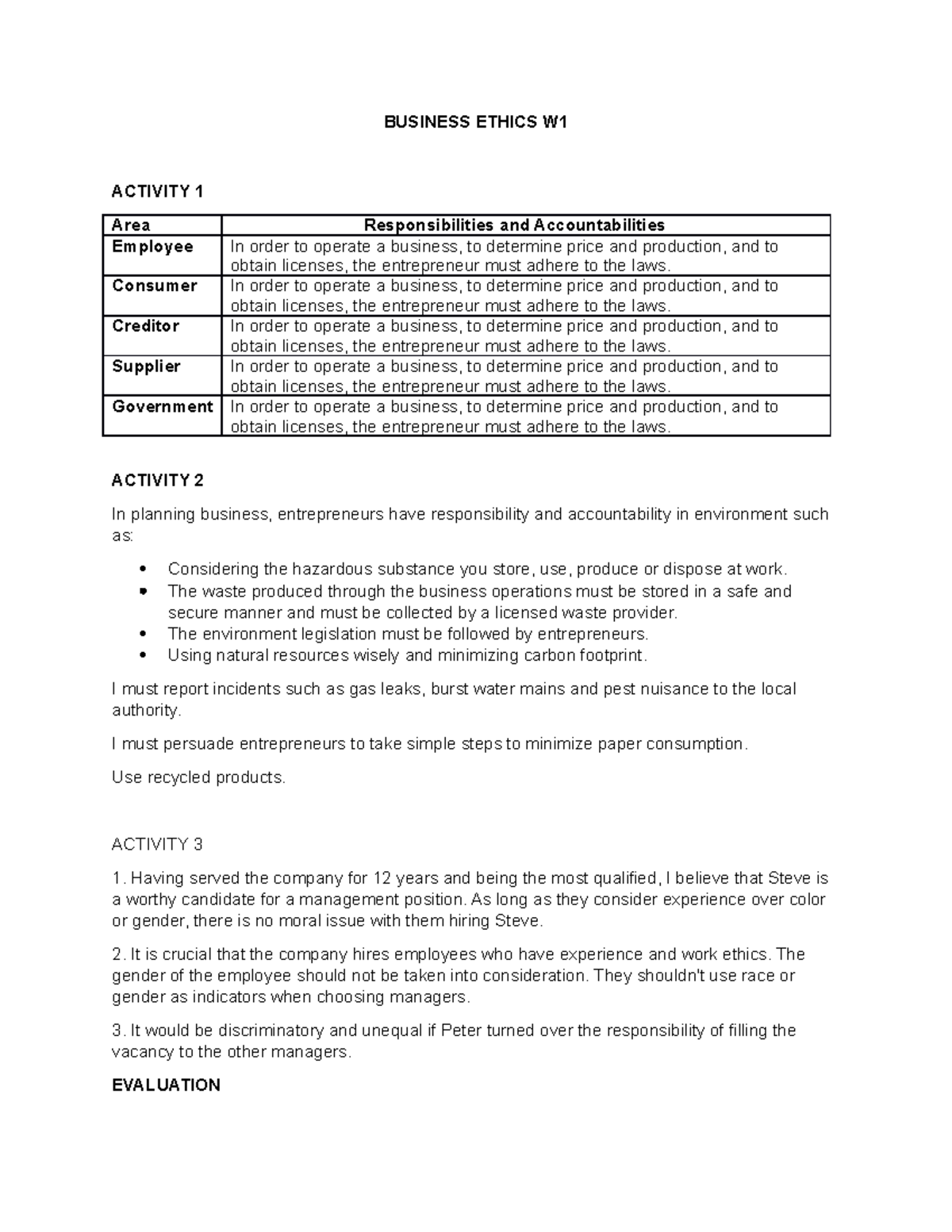 Businessethics - live - BUSINESS ETHICS W ACTIVITY 1 Area ...