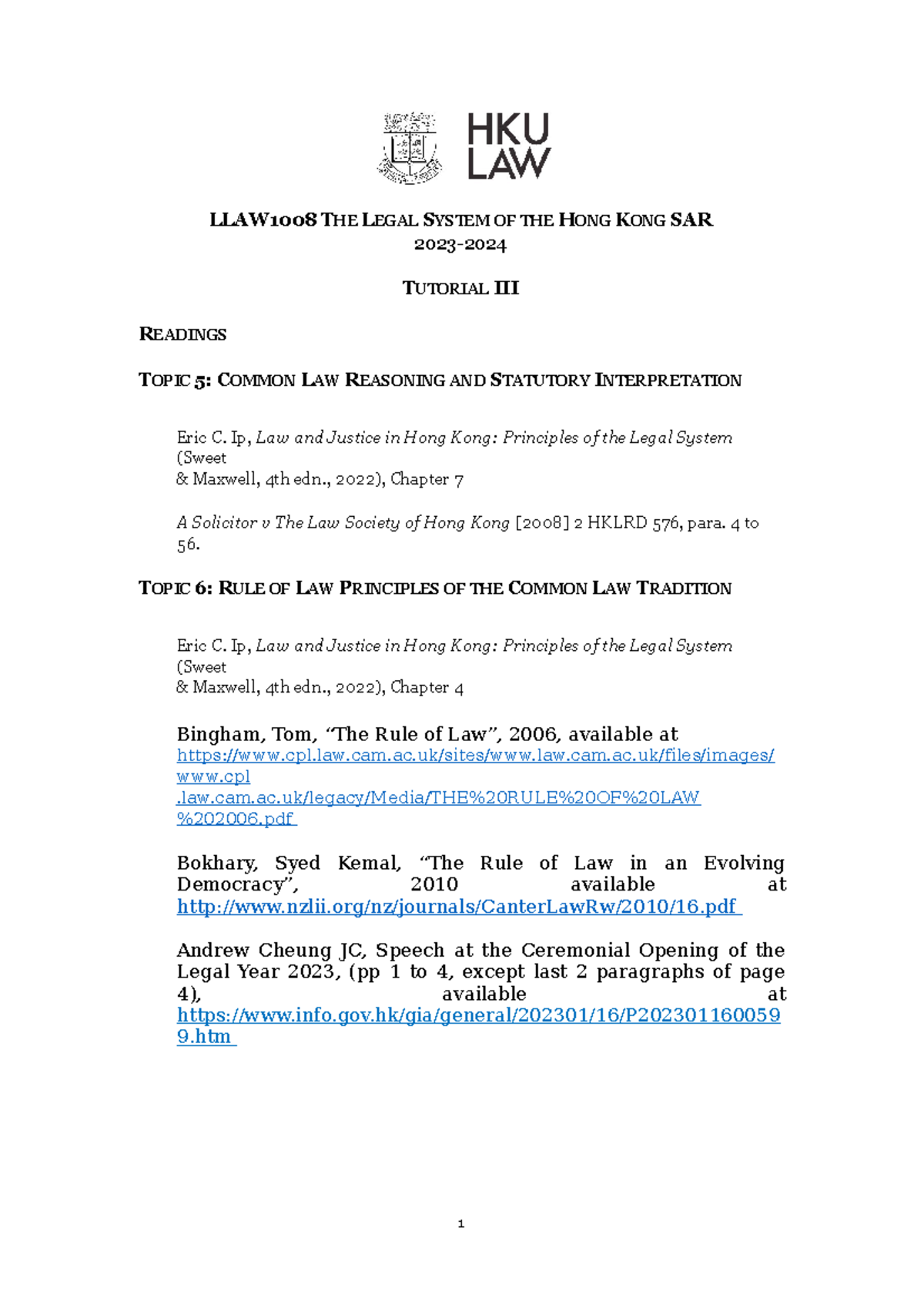 1008Tutorial 3 Qs L5, L6 2023 - LLAW1008 THE LEGAL SYSTEM OF THE HONG ...