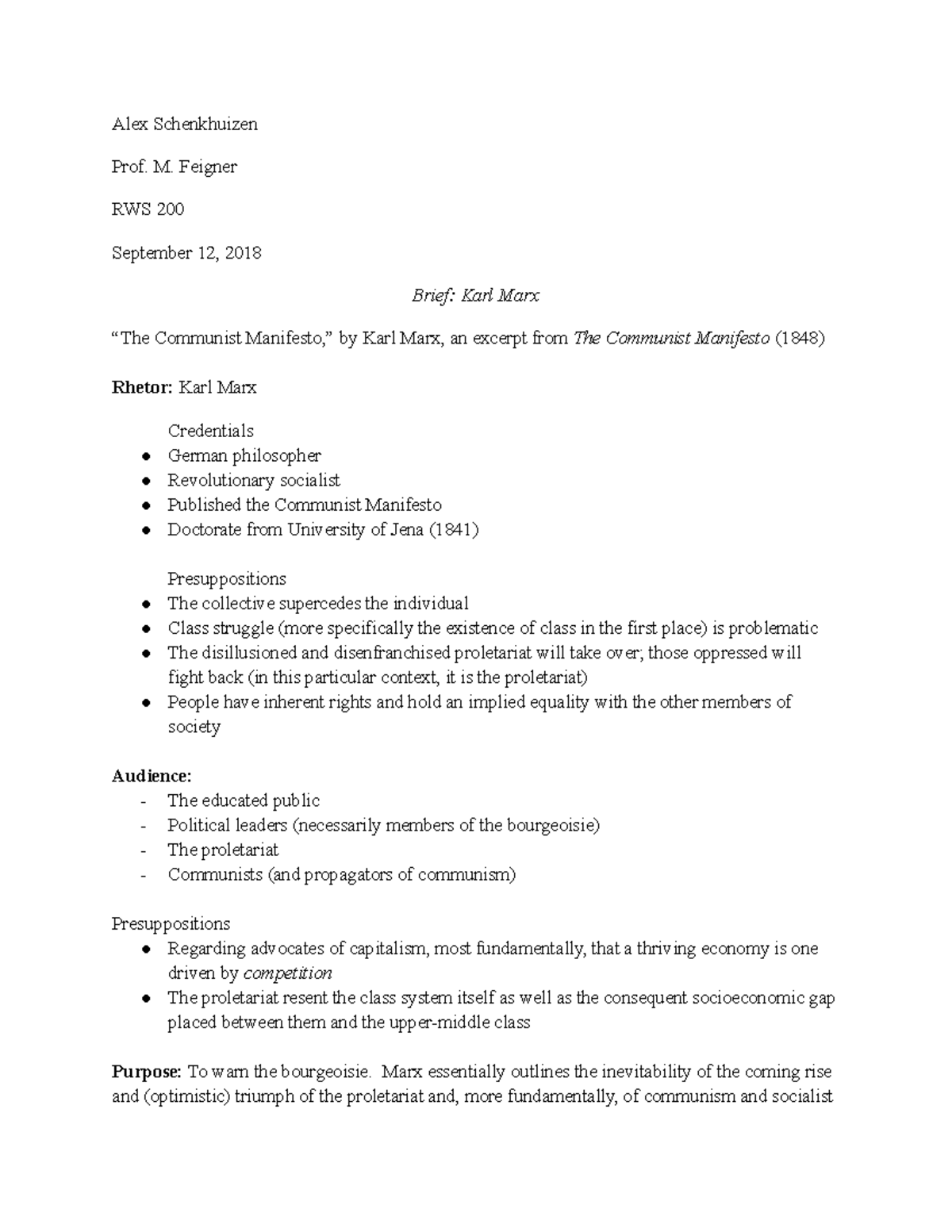 Karl Marx Brief - Alex Schenkhuizen Prof. M. Feigner RWS 200 September ...