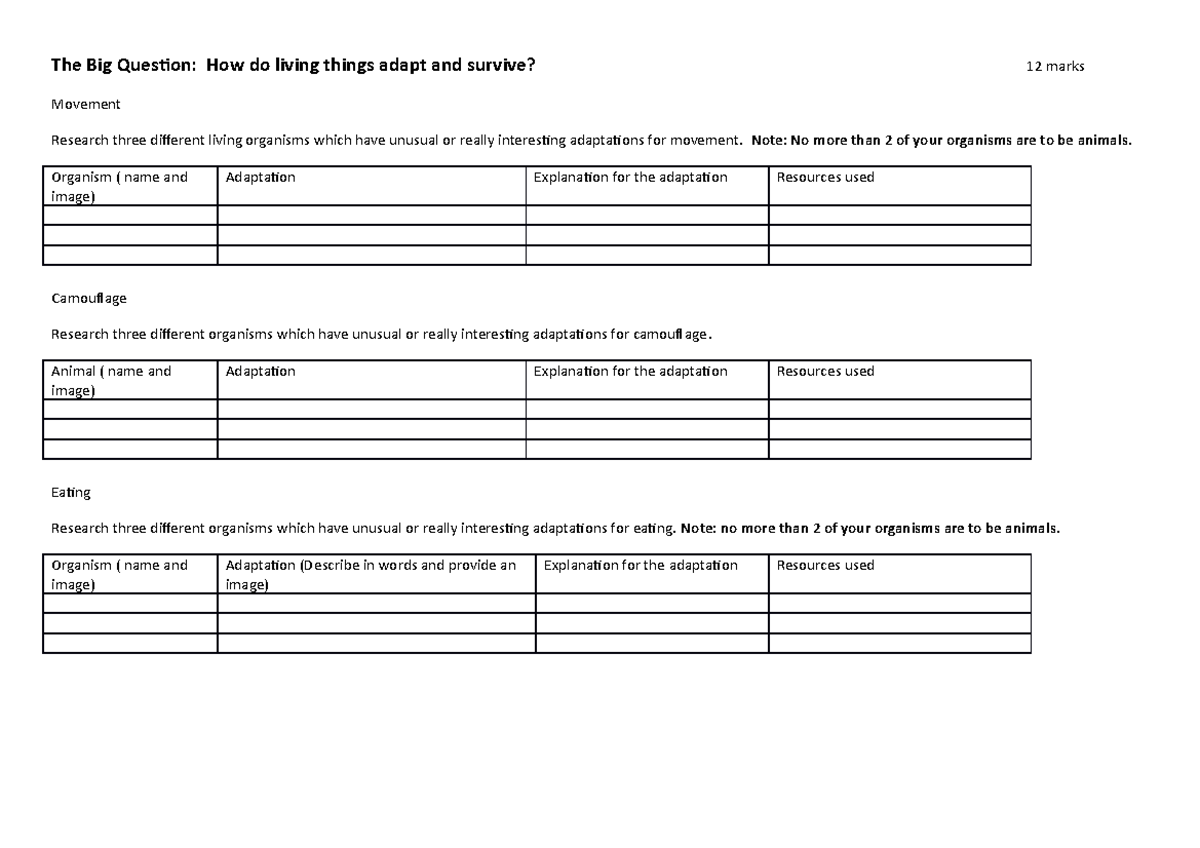 Adaptation project 2 - The Big Question: How do living things adapt and ...