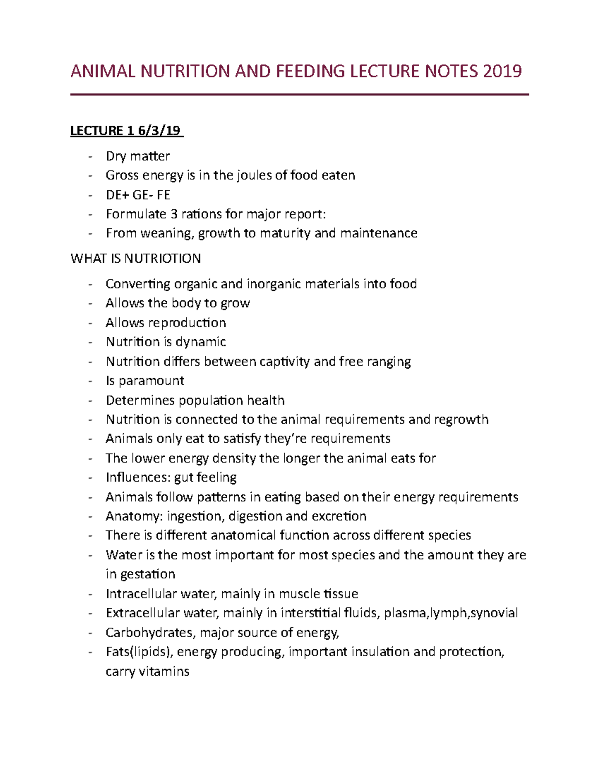 Lecture 1 - ANIMAL NUTRITION AND FEEDING LECTURE NOTES 2019 LECTURE 1 ...