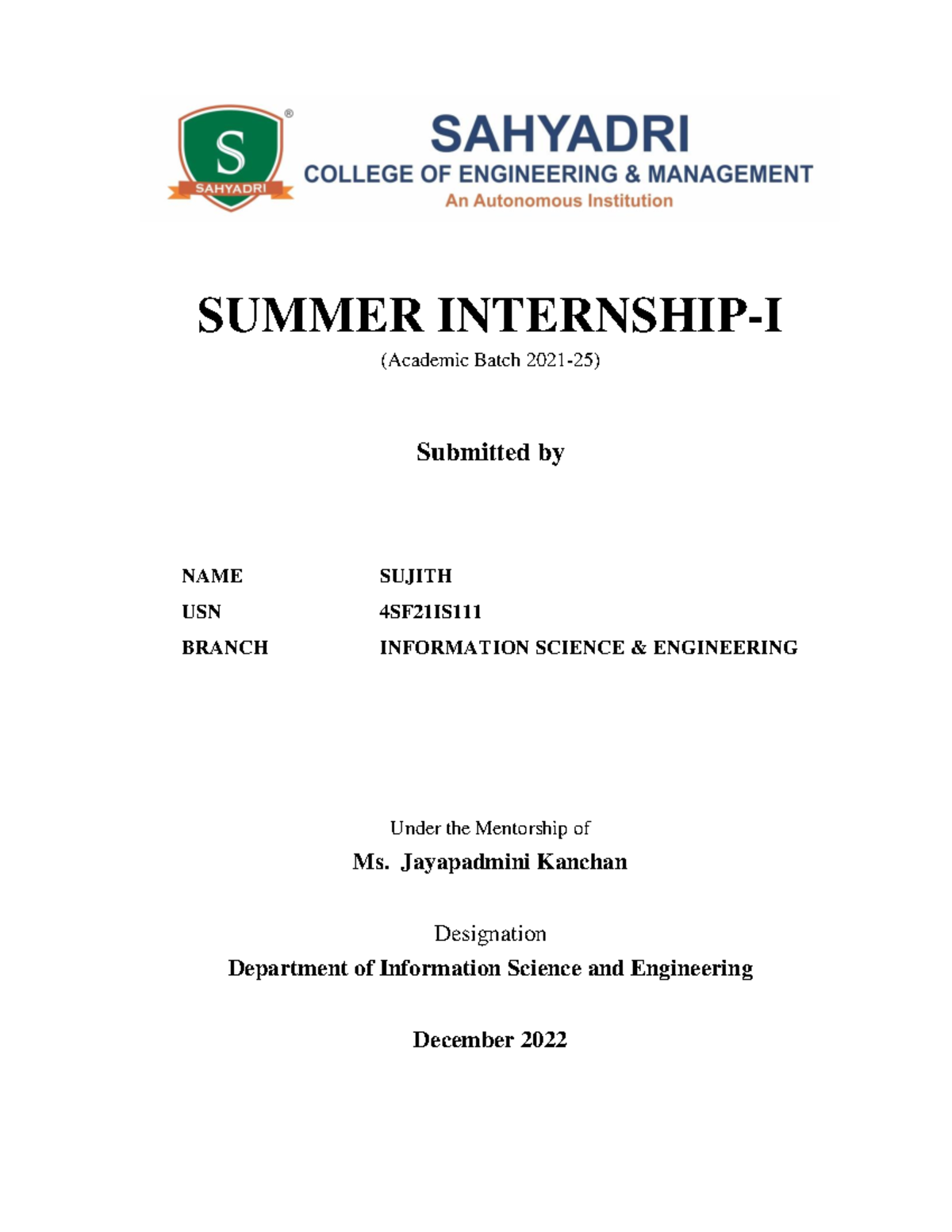 Intern report 2 - dfsdsf - SUMMER INTERNSHIP-I (Academic Batch 2021-25 ...