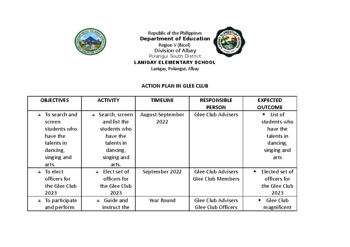 GLEE CLUB Action PLAN - Republic of the Philippines Department of ...