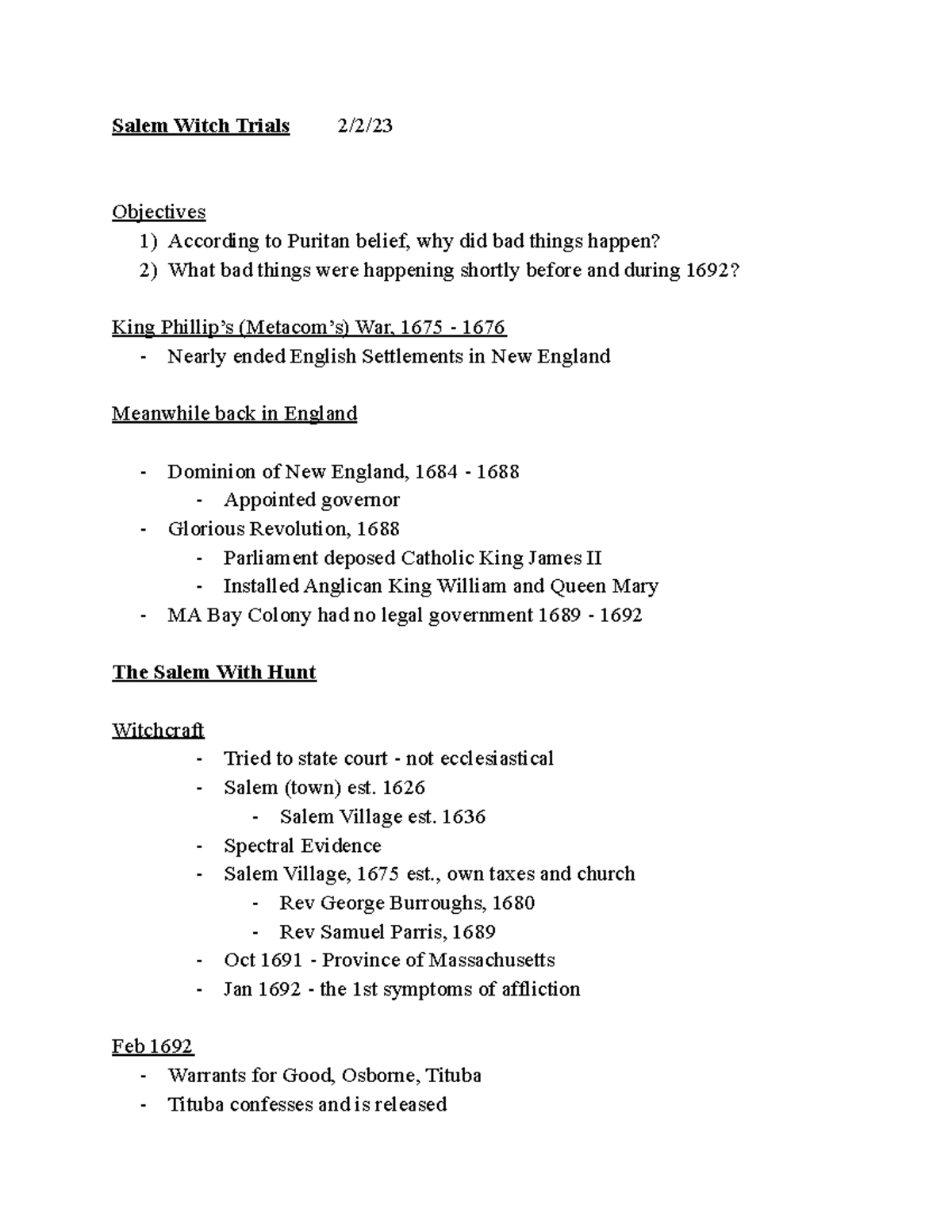 HIST Salem Witch Trials 2 2 23 - Salem Witch Trials 2/2/ Objectives 1 ...