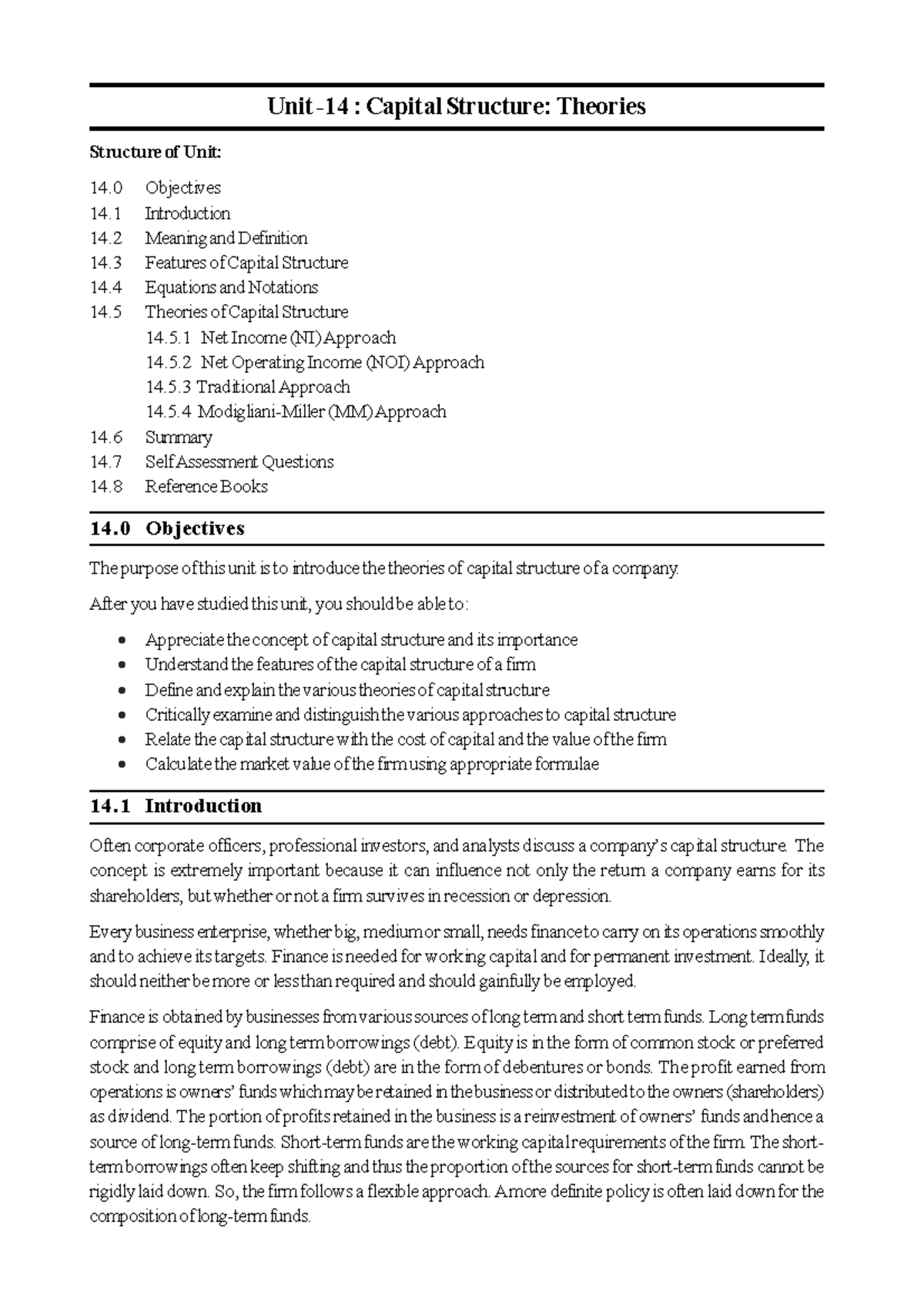 Capital Structure: Theories - Unit -14 : Capital Structure: Theories Structure of Unit: 14 - Studocu